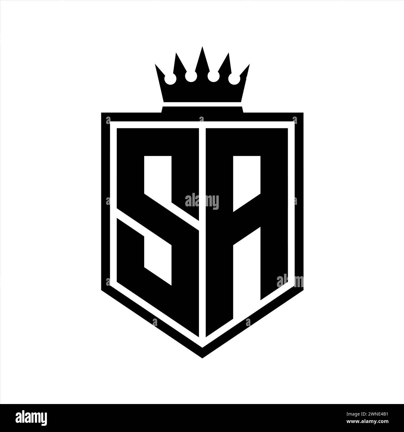 SA Letter Logo monogram bold shield geometric shape with crown outline ...