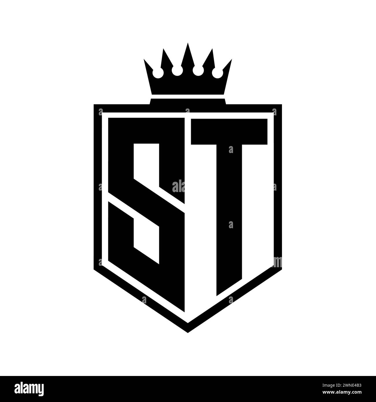 ST Letter Logo monogram bold shield geometric shape with crown outline ...