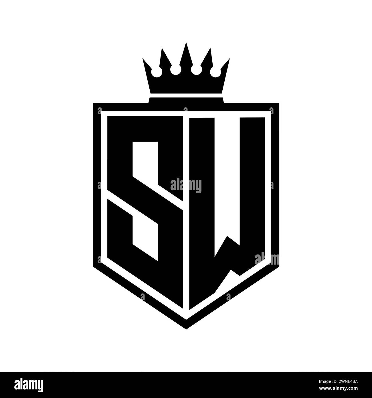 SW Letter Logo monogram bold shield geometric shape with crown outline ...