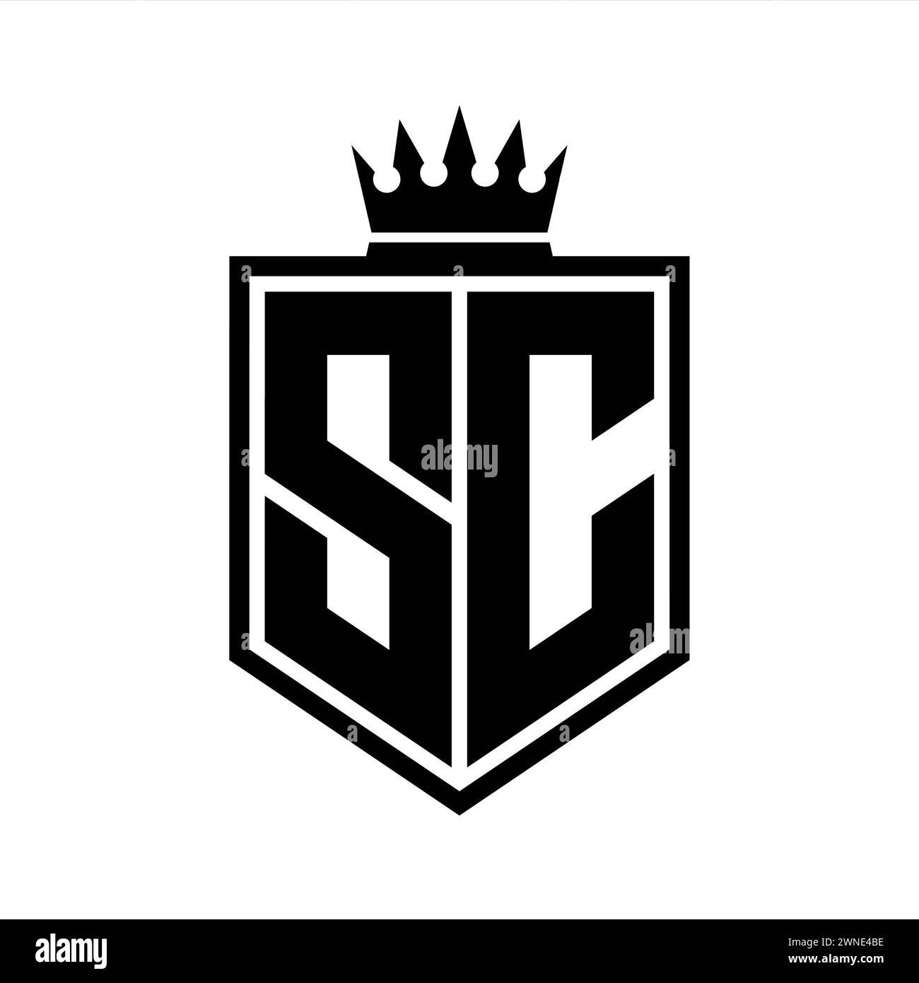 SC Letter Logo monogram bold shield geometric shape with crown outline ...