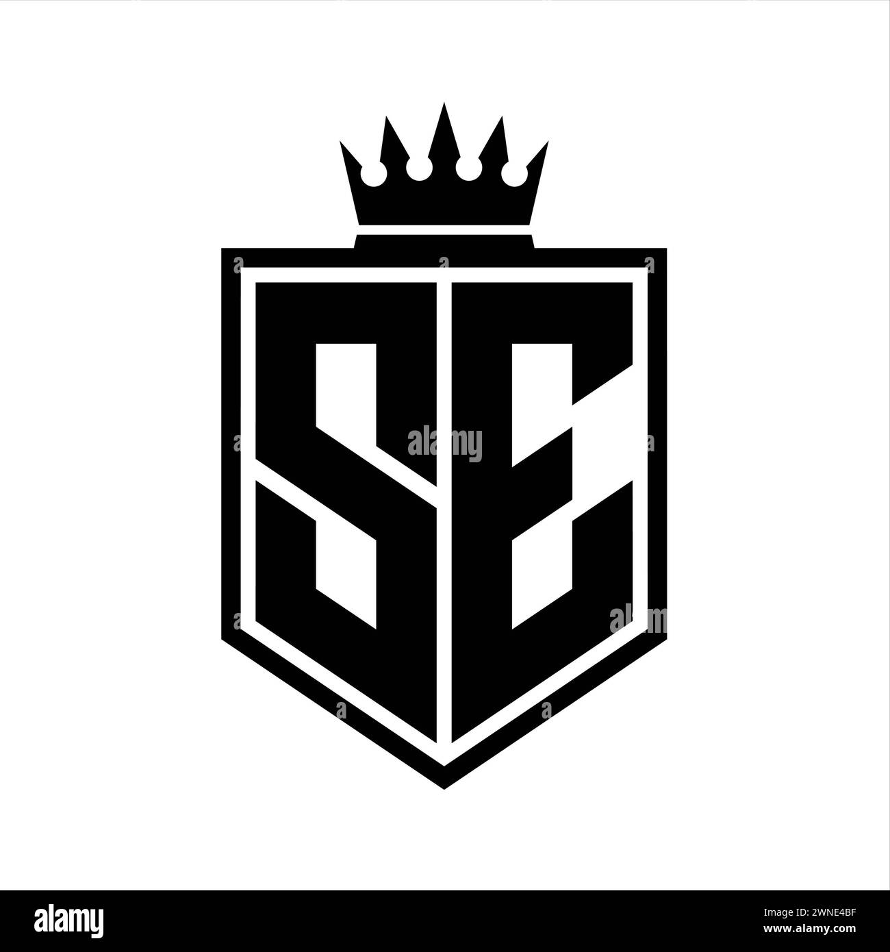 SE Letter Logo monogram bold shield geometric shape with crown outline ...