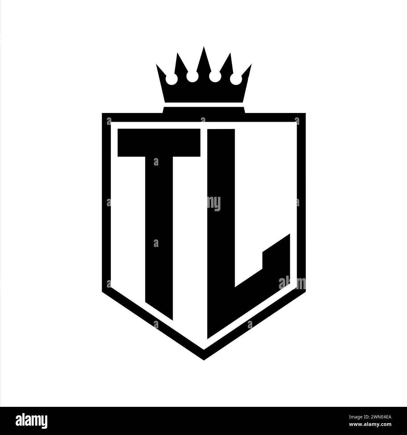 TL Letter Logo monogram bold shield geometric shape with crown outline black and white style ...
