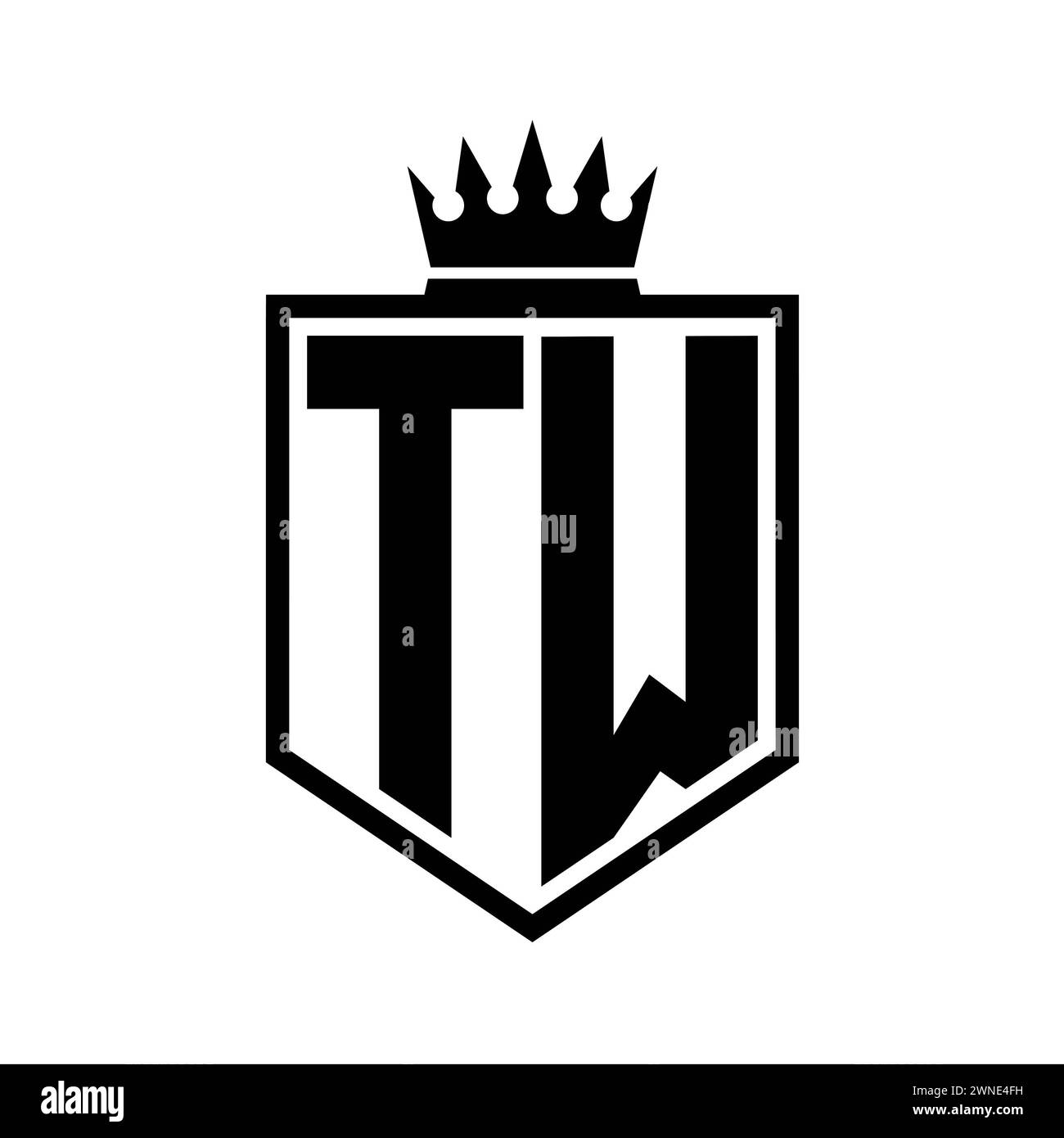 TW Letter Logo monogram bold shield geometric shape with crown outline ...