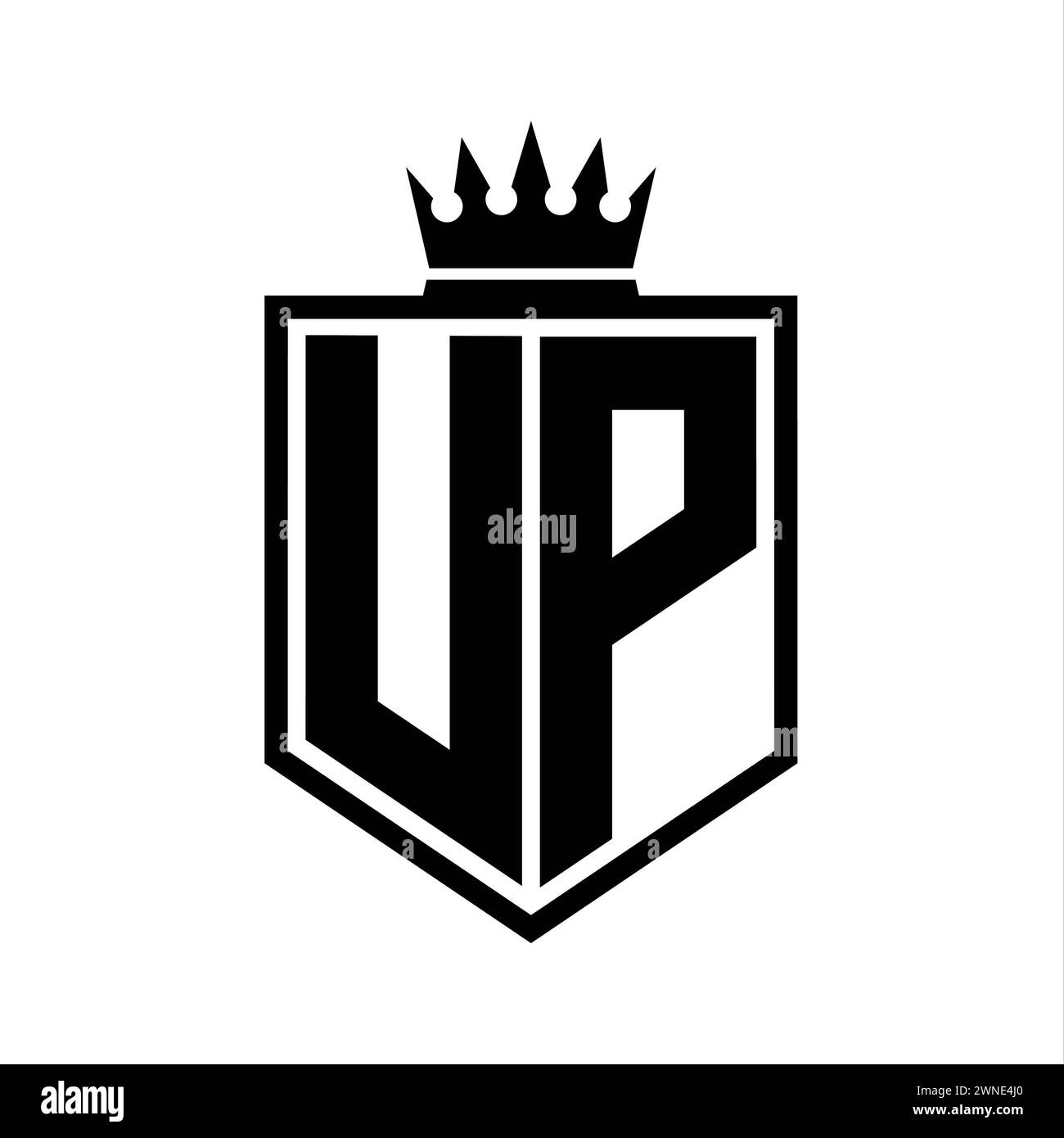 UP Letter Logo monogram bold shield geometric shape with crown outline ...