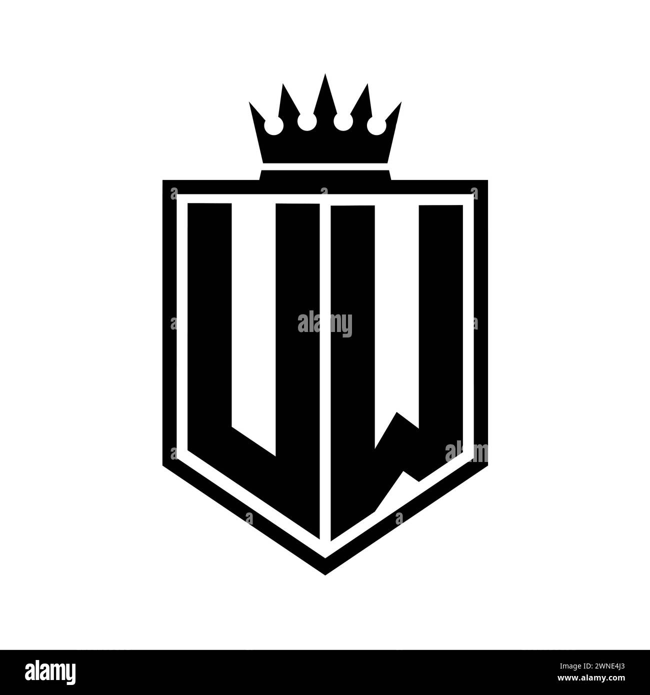 UW Letter Logo monogram bold shield geometric shape with crown outline black and white style ...