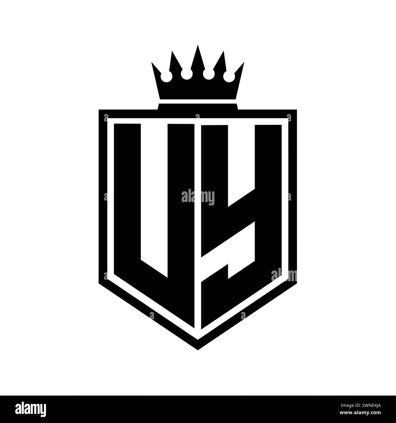 UY Letter Logo monogram bold shield geometric shape with crown outline black and white style ...