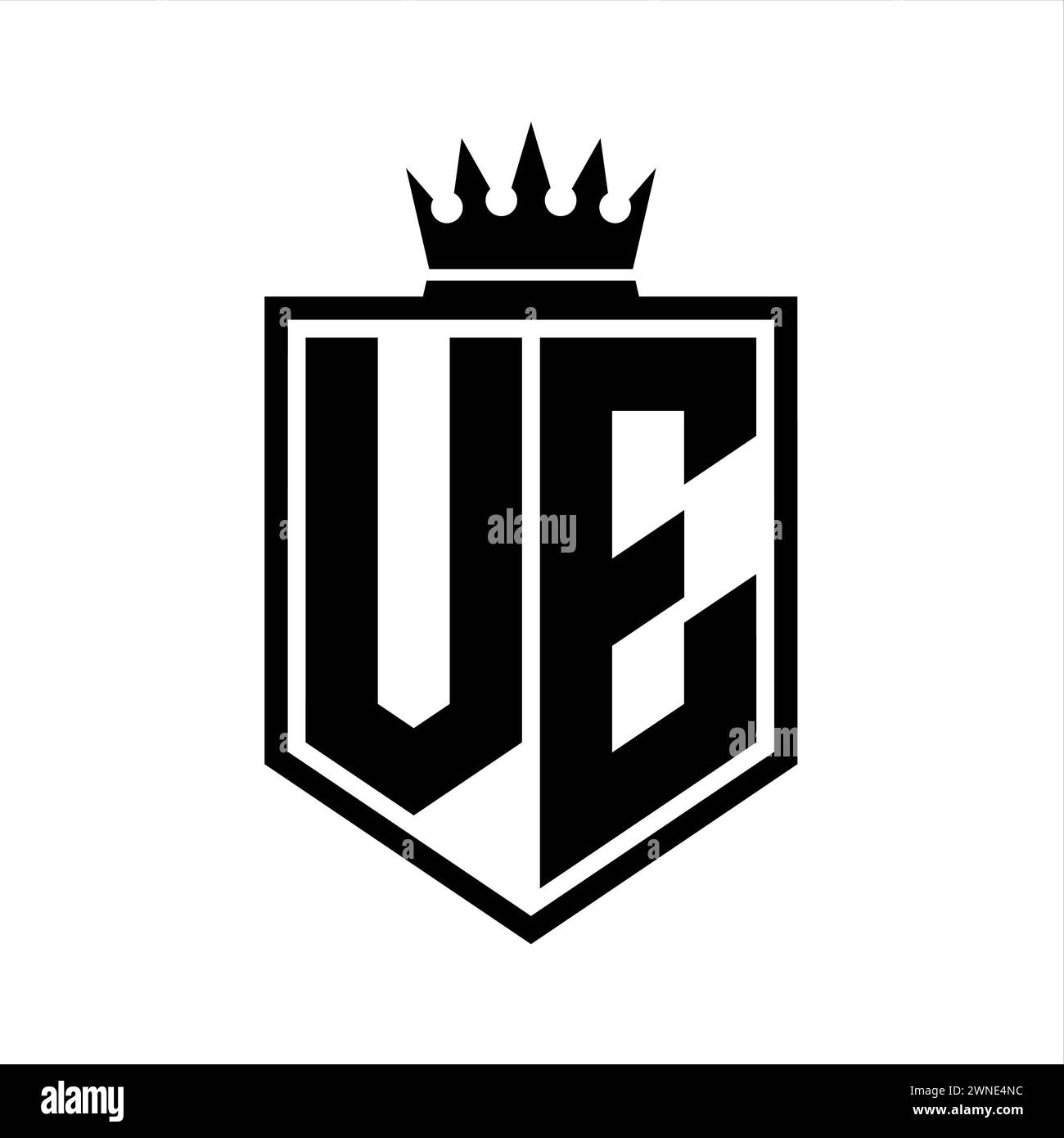 VE Letter Logo monogram bold shield geometric shape with crown outline black and white style ...