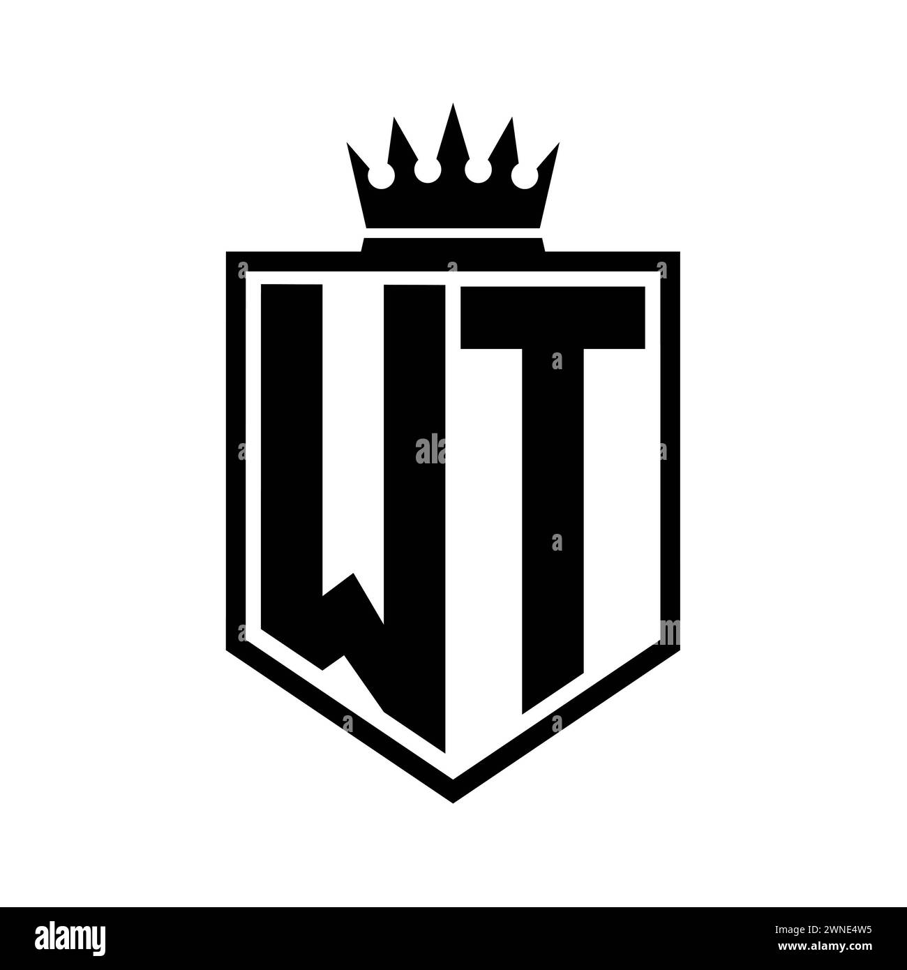 WT Letter Logo monogram bold shield geometric shape with crown outline ...