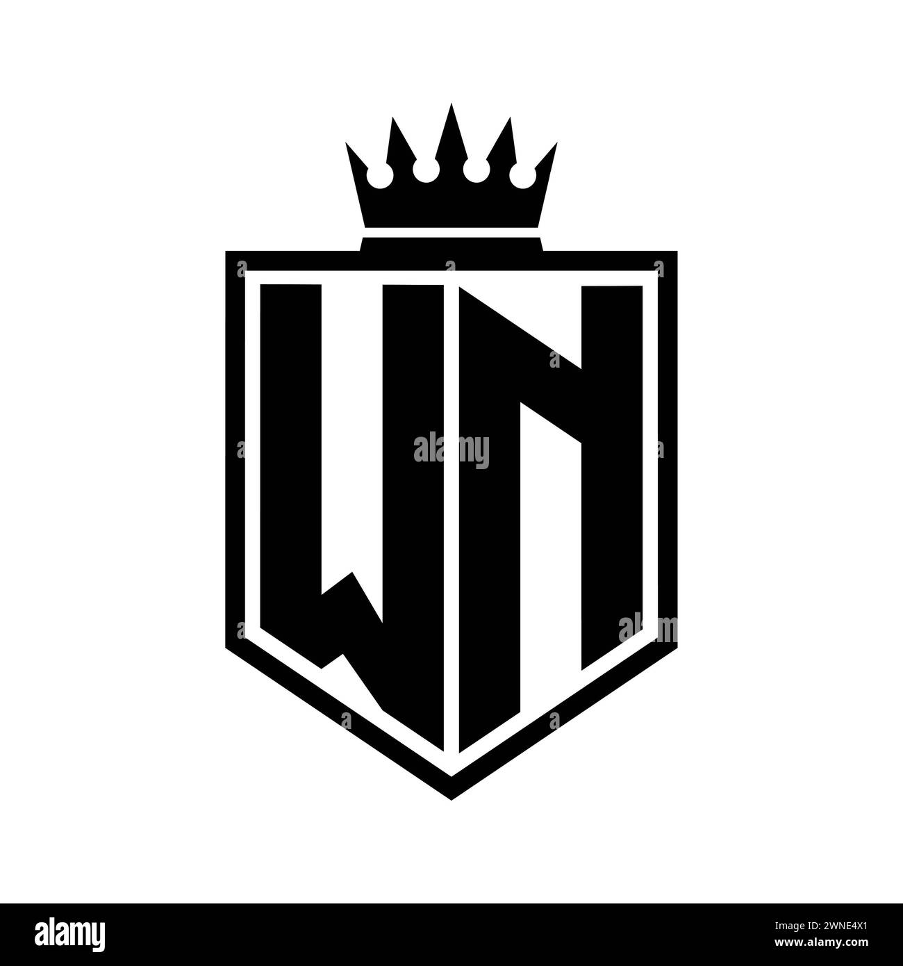 WN Letter Logo monogram bold shield geometric shape with crown outline ...