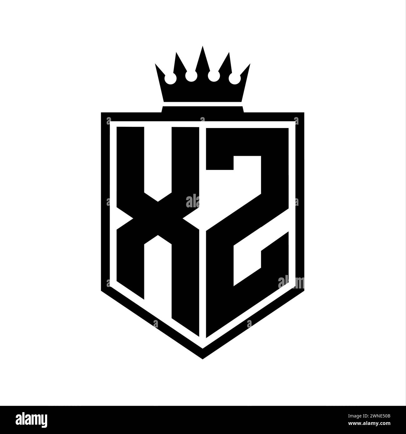 XZ Letter Logo monogram bold shield geometric shape with crown outline black and white style ...