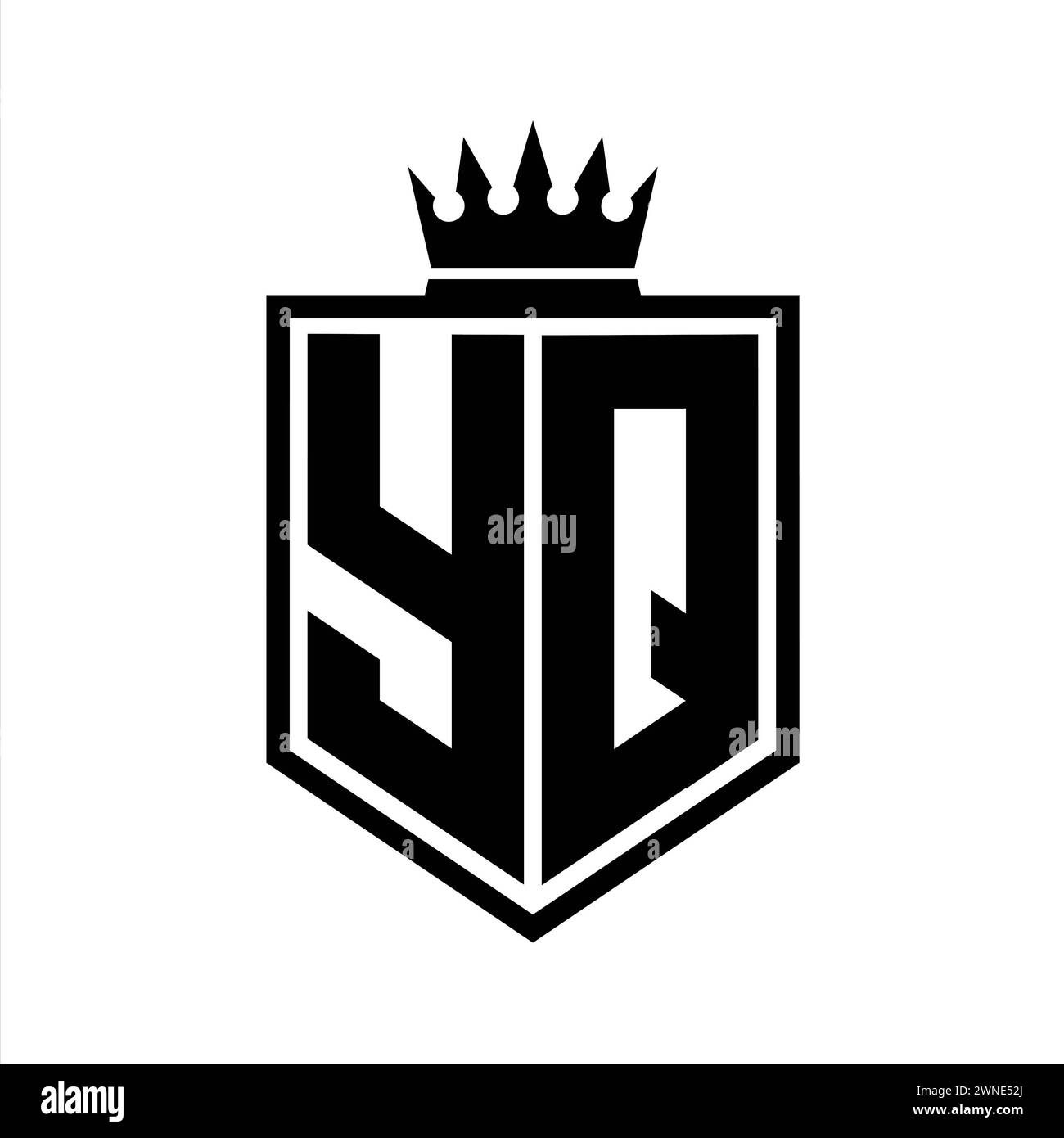 YQ Letter Logo monogram bold shield geometric shape with crown outline black and white style ...