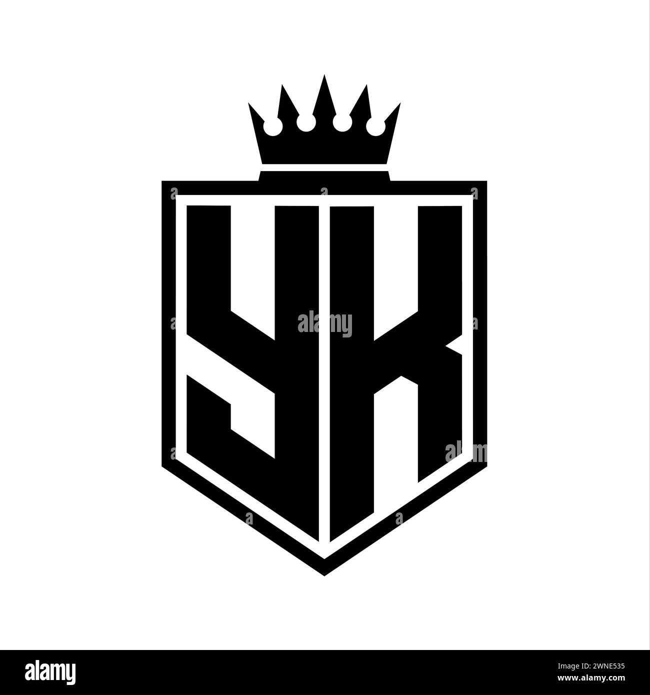 YK Letter Logo monogram bold shield geometric shape with crown outline black and white style ...