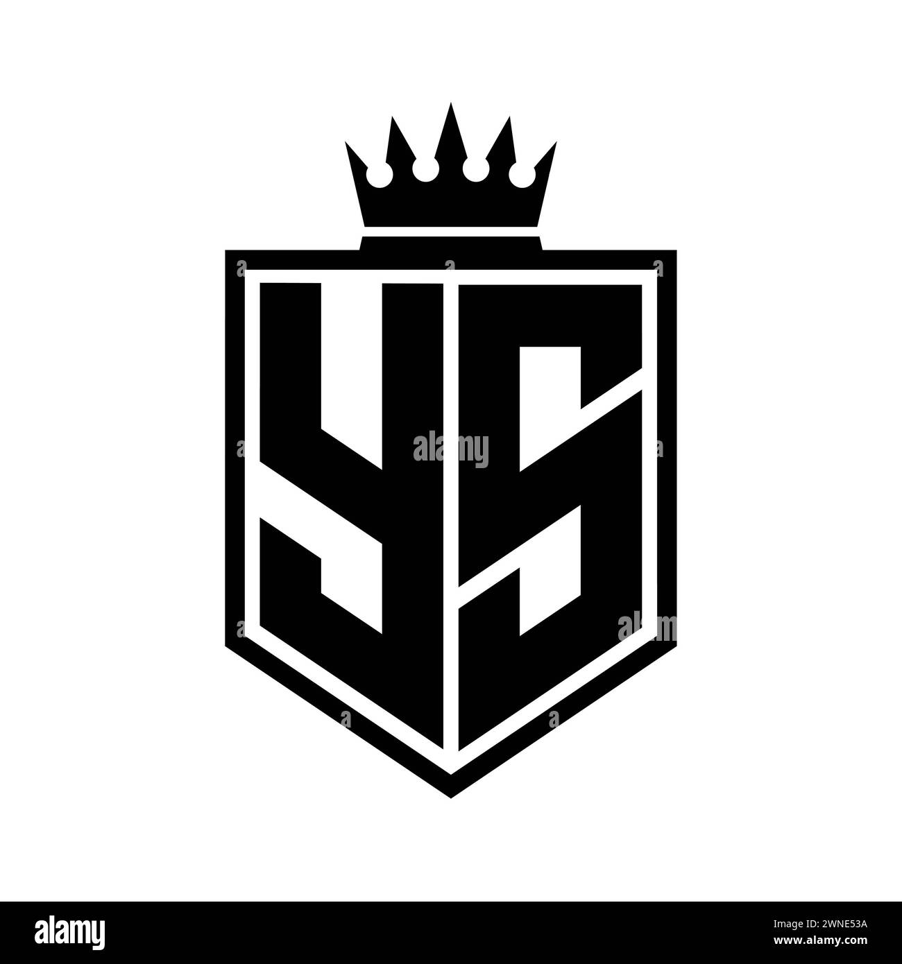 YS Letter Logo monogram bold shield geometric shape with crown outline black and white style ...