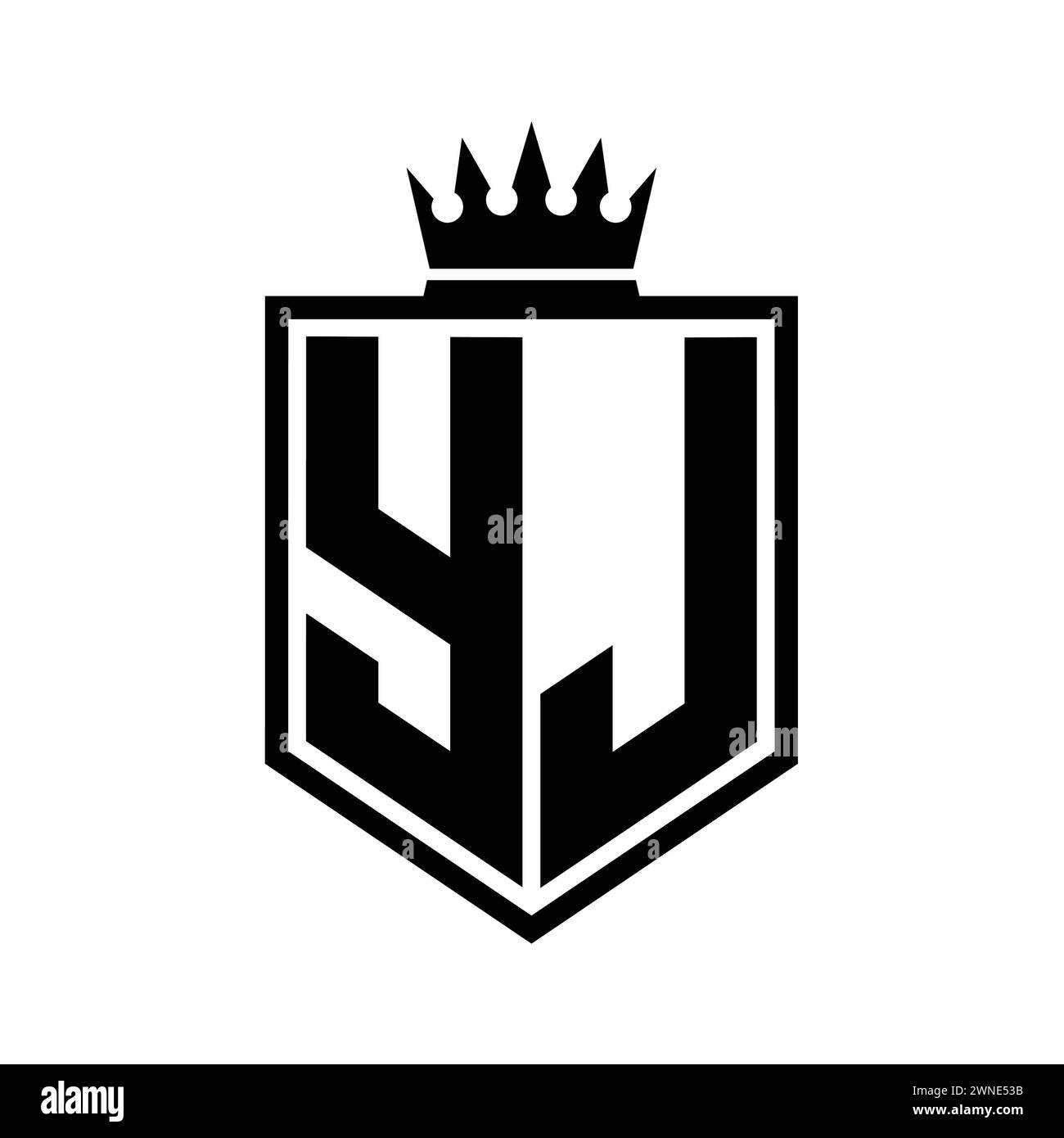YJ Letter Logo monogram bold shield geometric shape with crown outline black and white style ...
