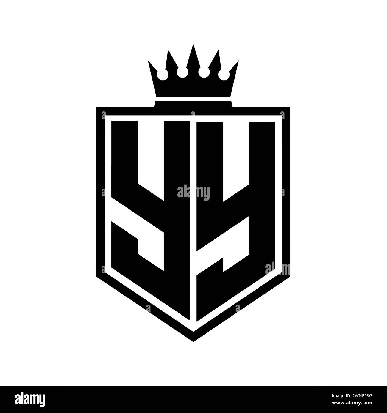 YY Letter Logo monogram bold shield geometric shape with crown outline black and white style ...
