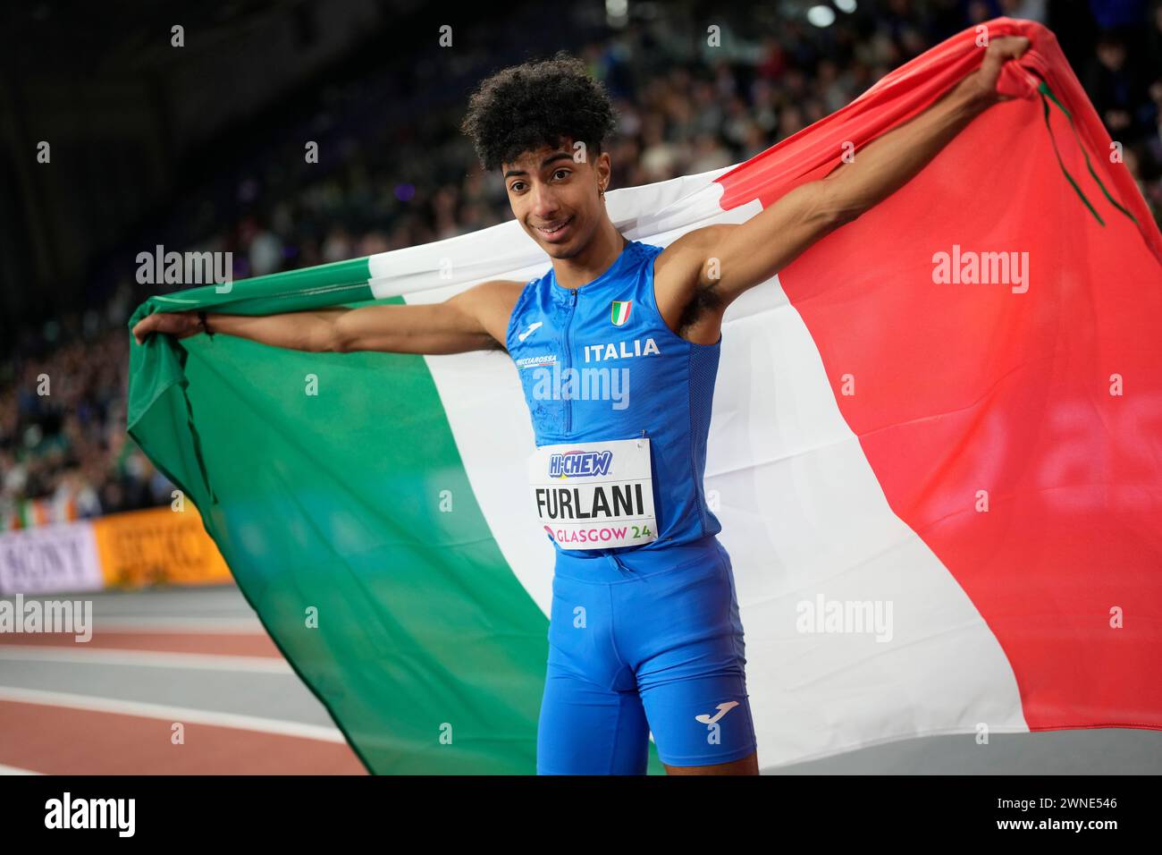 Silver medalist Mattia Furlani, of Italy, poses after finishing the men ...