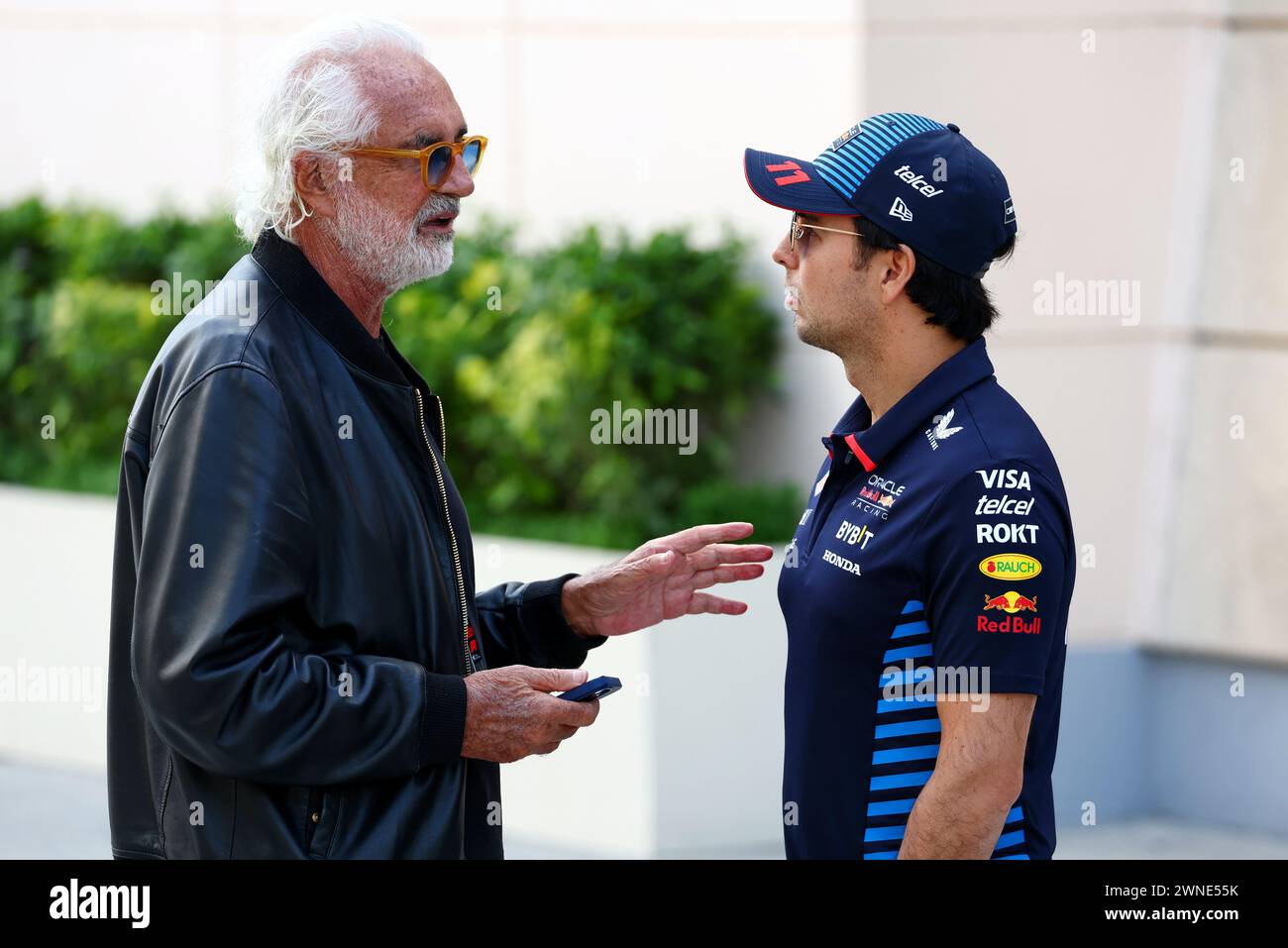 Sakhir, Bahrain. 02nd Mar, 2024. (L to R): Flavio Briatore (ITA) with Sergio Perez (MEX) Red ...
