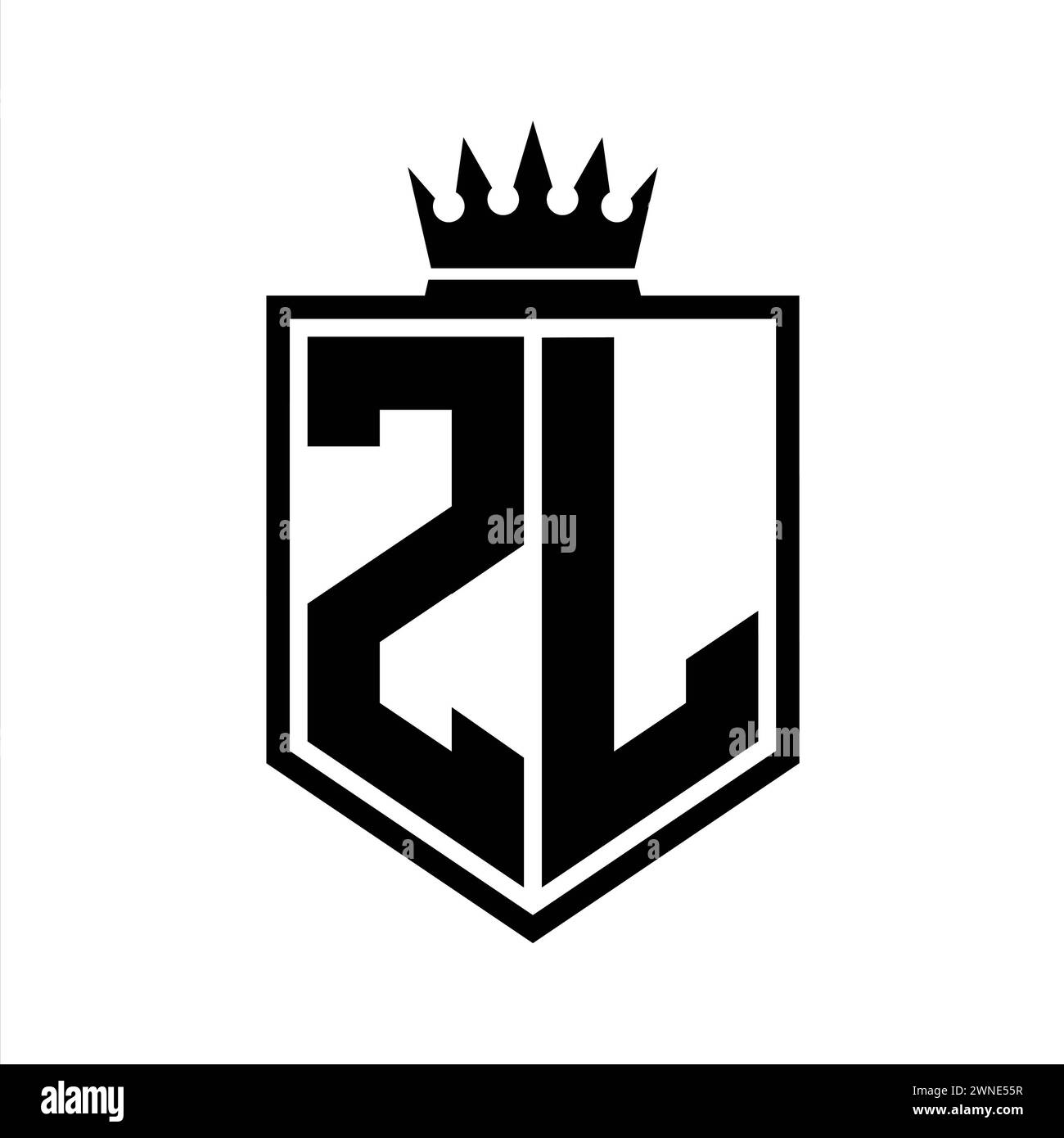 ZL Letter Logo monogram bold shield geometric shape with crown outline black and white style ...