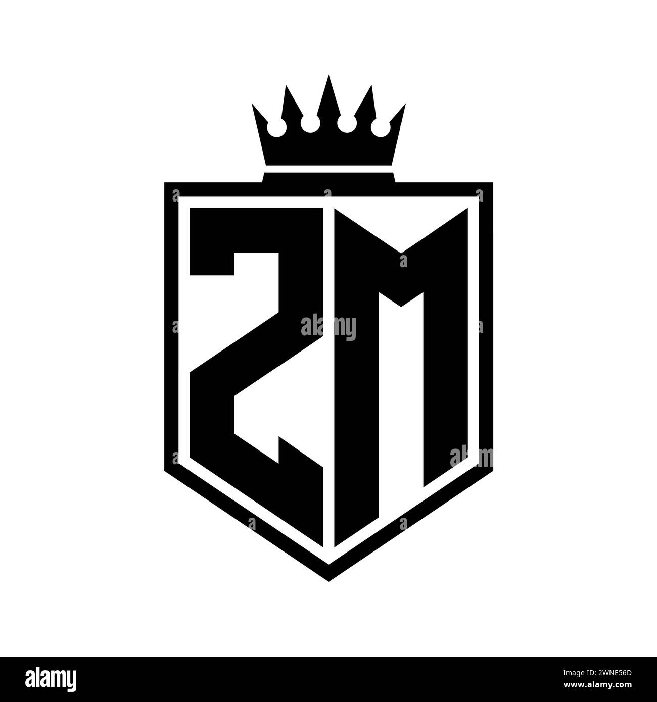 ZM Letter Logo monogram bold shield geometric shape with crown outline black and white style ...