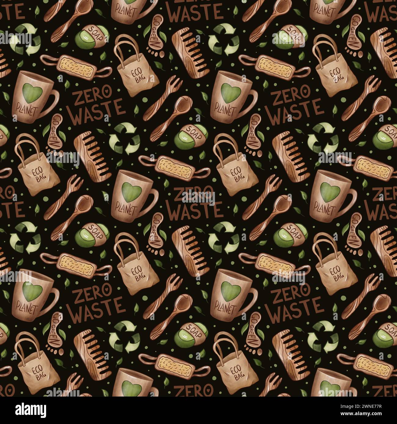 Zero waste lifestyle seamless pattern with lettering on dark background ...