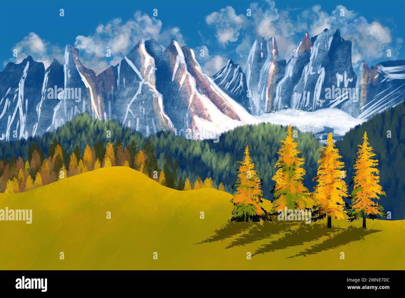 A stunning landscape with icebergs, blue clouds and bright trees and ...