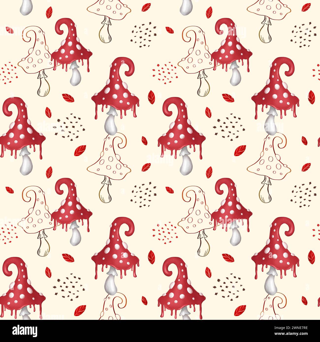 Fly agaric with red cap mushroom and white dots. Line and cartoon ...