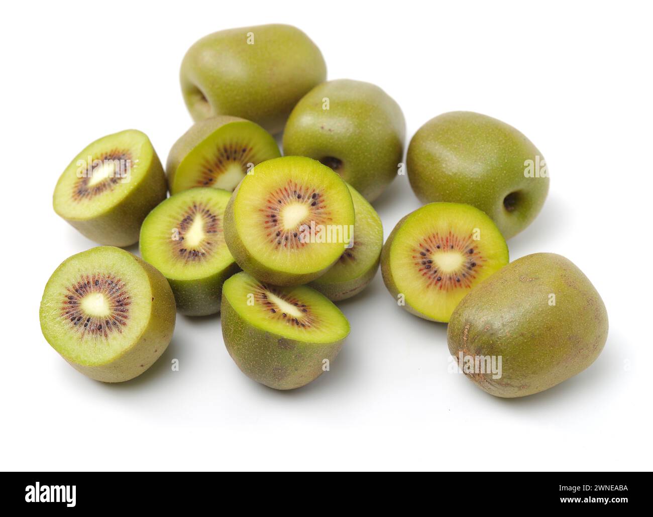 Whole kiwi fruit and his sliced segments isolated on white background ...