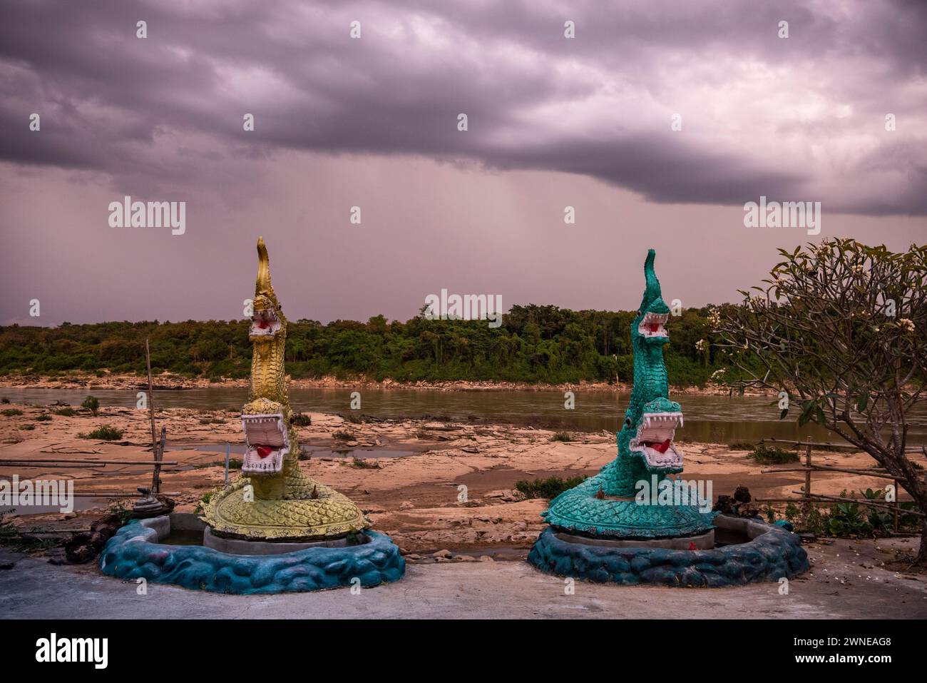 Naga figures at a Temple on the Mun River near the Town of Khong Chiam ...