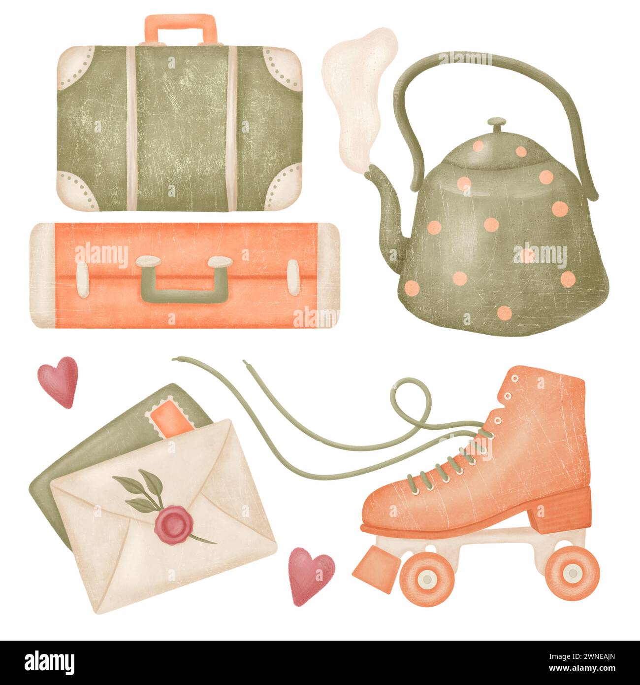90's retro objects illustration set. Suitcases, letter, roller, kettle ...