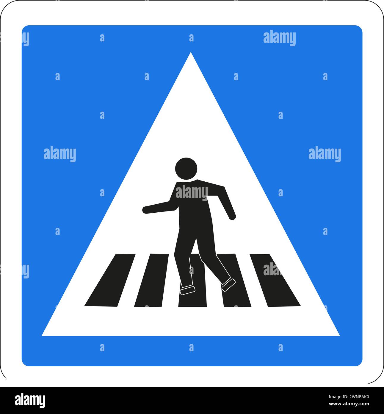 Triangular road sign on blue background: crosswalk Stock Photo - Alamy