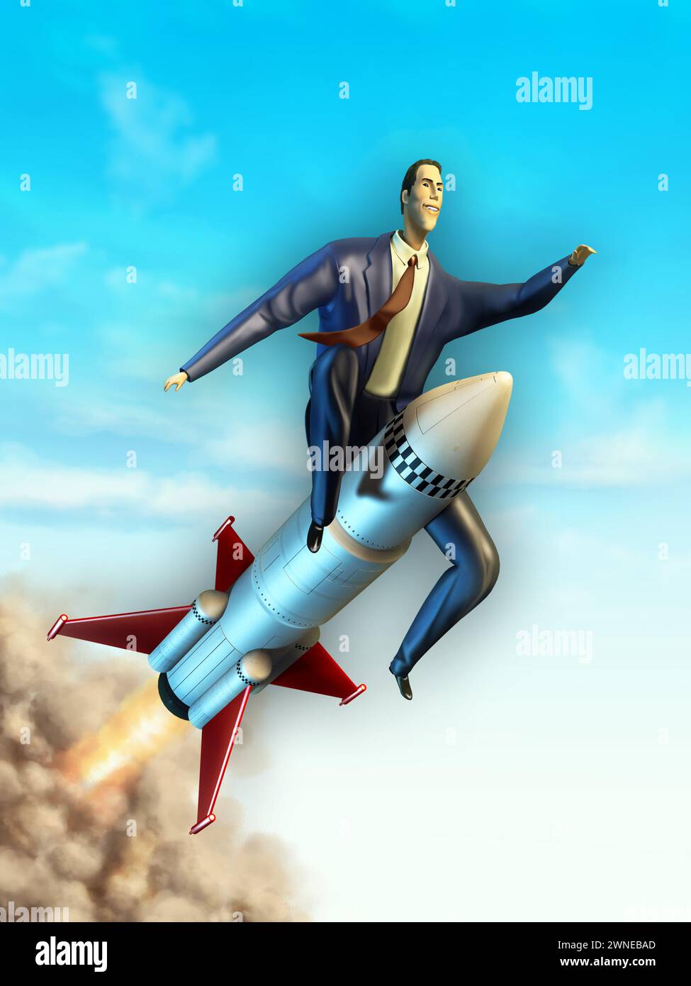 Businessman riding a rocket in a clear blue sky. Digital illustration ...