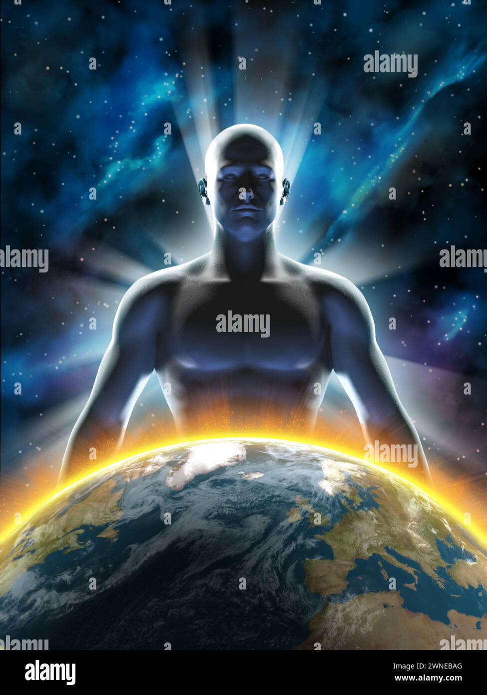 Statue of an human male, with light rays coming from behind, standing ...