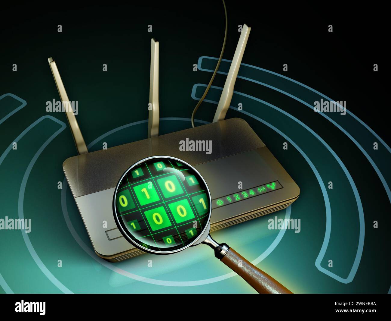 Wifi router under a magnifying glass. 3D illustration Stock Photo - Alamy