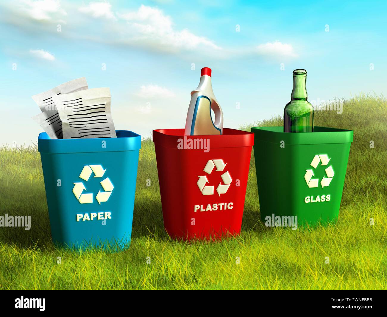 Colored trash bins used to recycle paper, plastic and glass. Digital ...