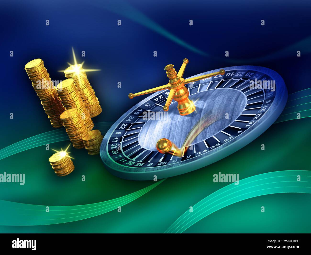 Roulette wheel and some gold coins on a blue and green background ...