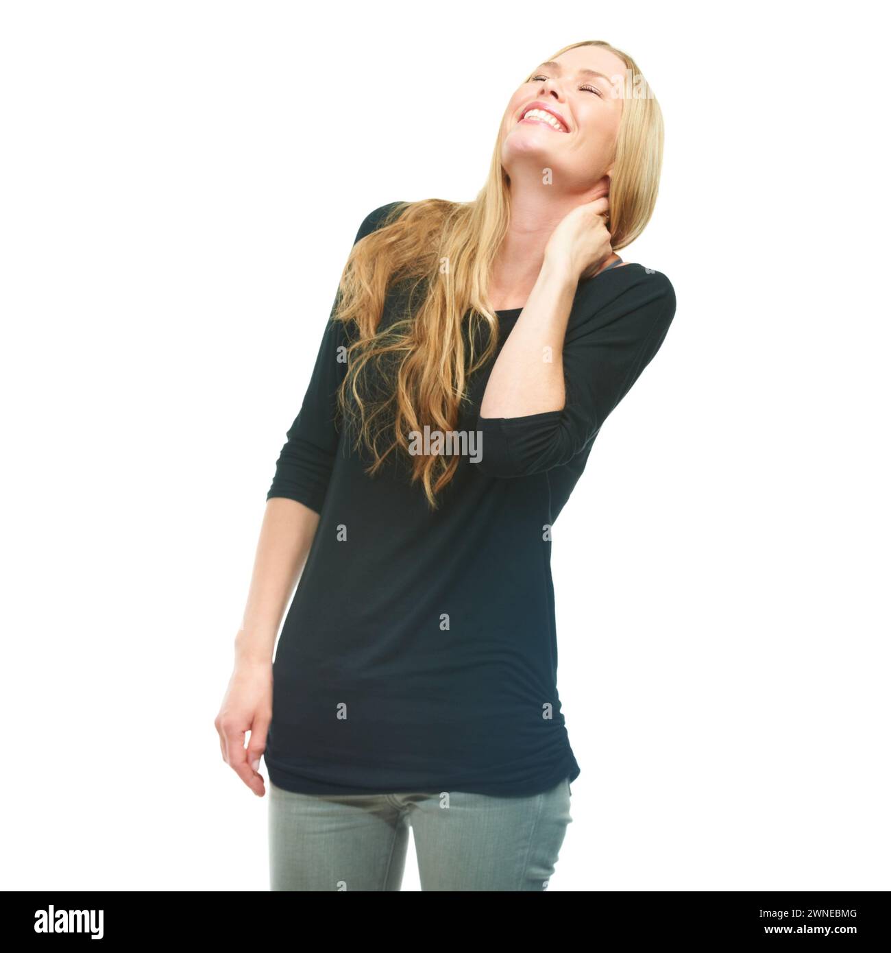 Happy woman, smile and laughing for fashion, style and casual clothes ...