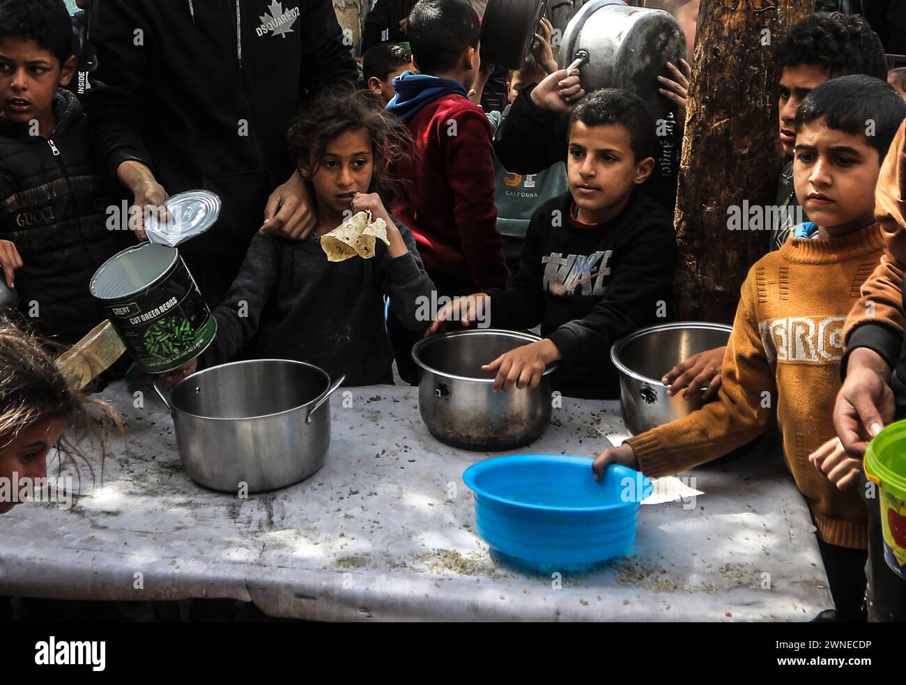 Rafah, Gaza. 01st Mar, 2024. Palestinian childrin wait to receive a ...