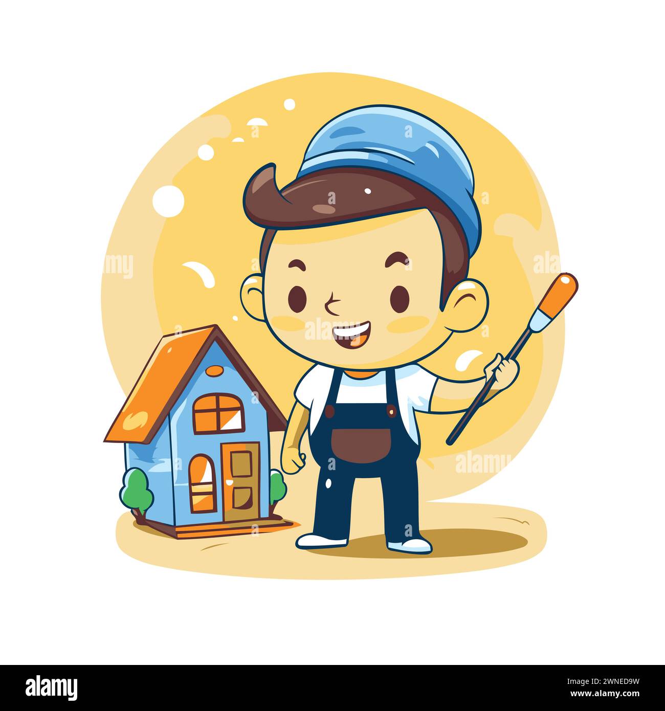 Cute little boy painting house. Vector illustration in cartoon style ...