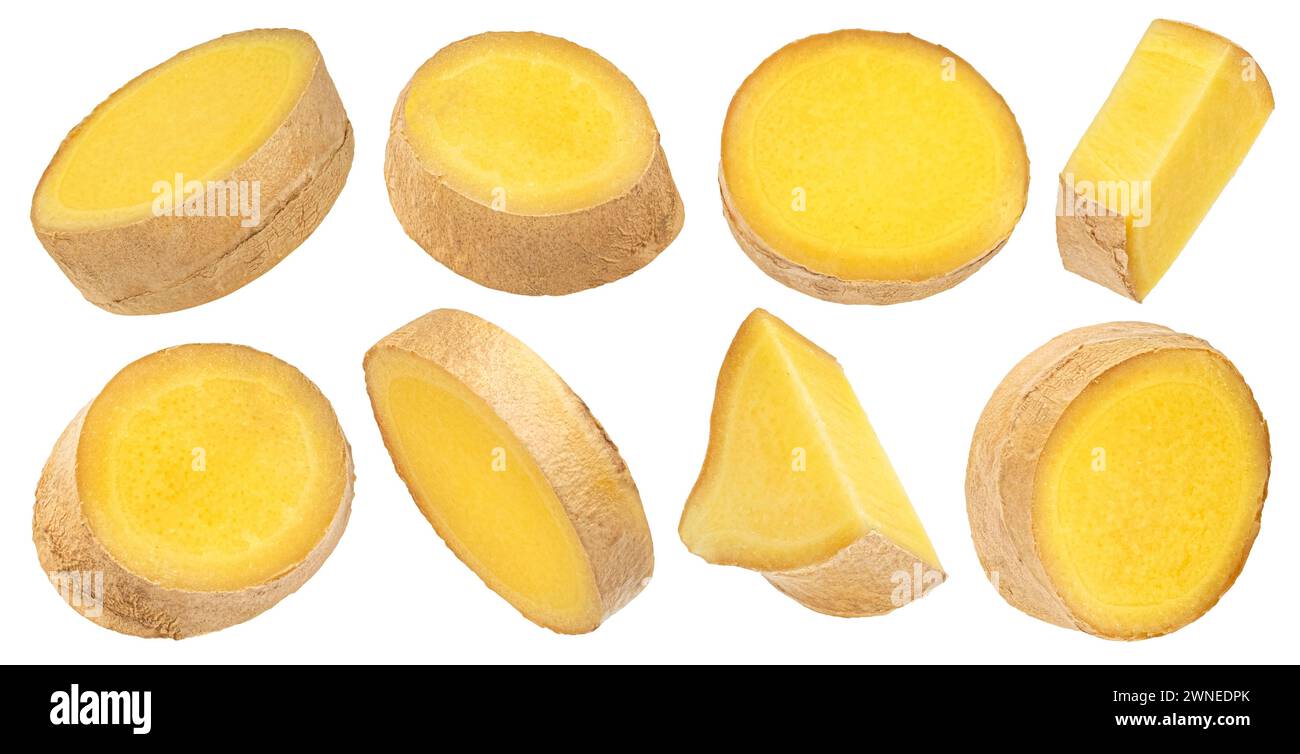 Ginger root slices isolated on white background Stock Photo - Alamy