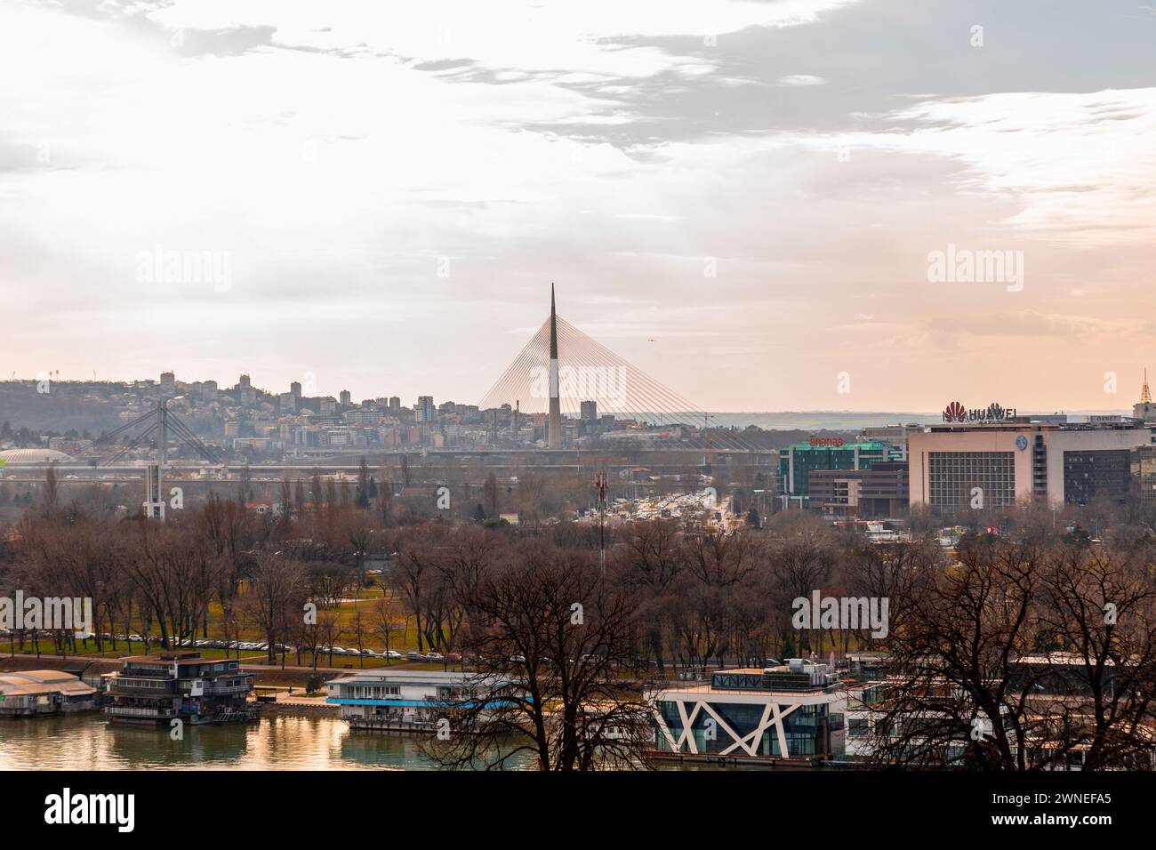 Belgrade, Serbia - 8 FEB 2024: The Ada Bridge is a cable stayed bridge ...