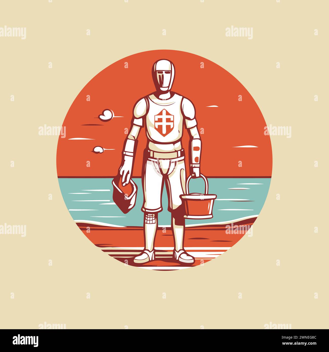 Robot holding a bucket on the background of the sea. Vector ...