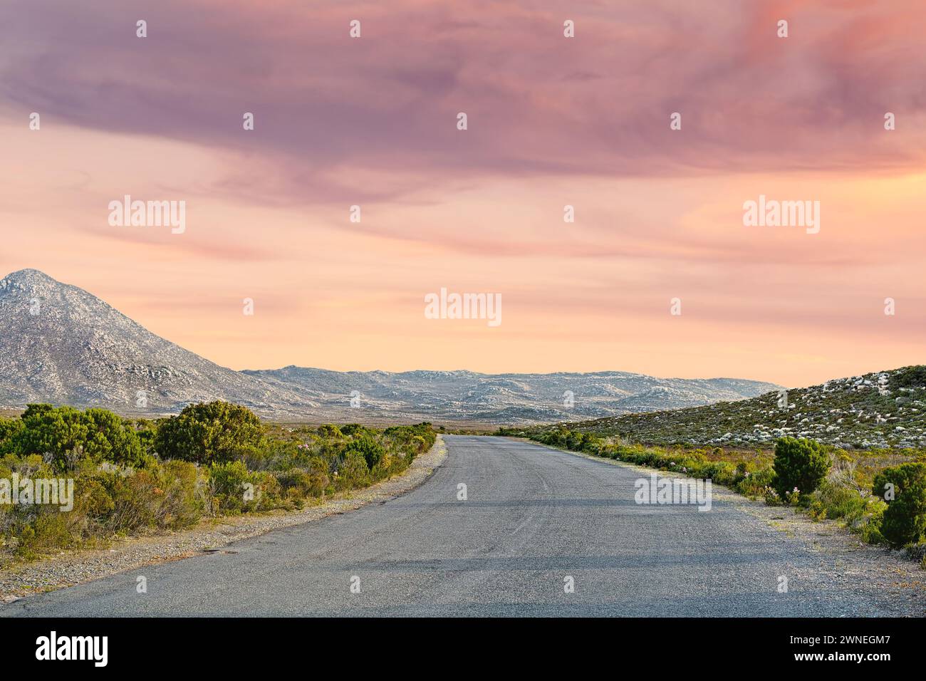 Sunset sky, road trip and red landscape with mountain, travel holiday ...