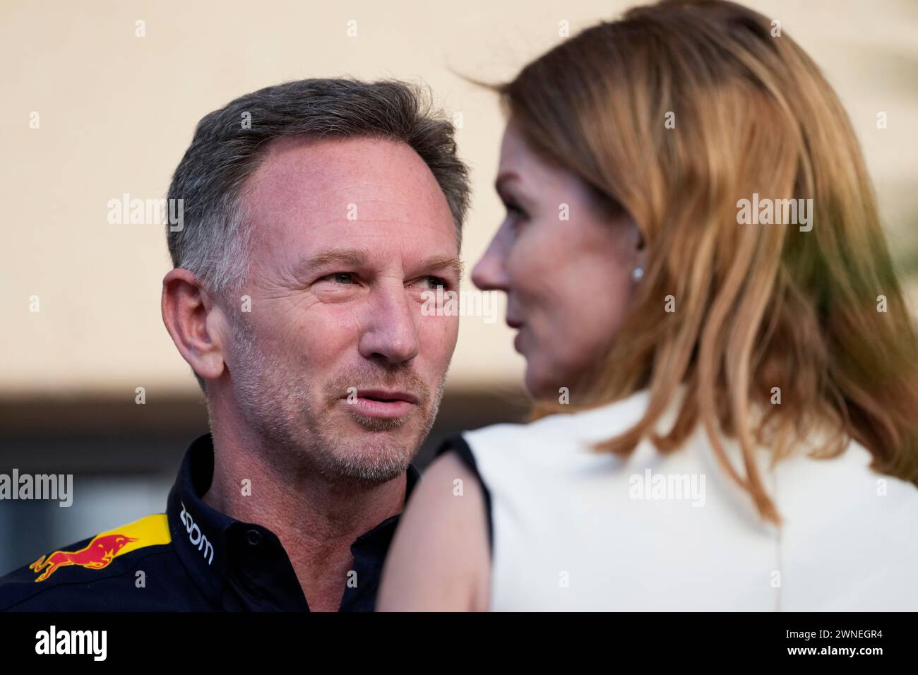 Red Bull team principal Christian Horner, left, speaks with his wife Geri Halliwell prior to the ...