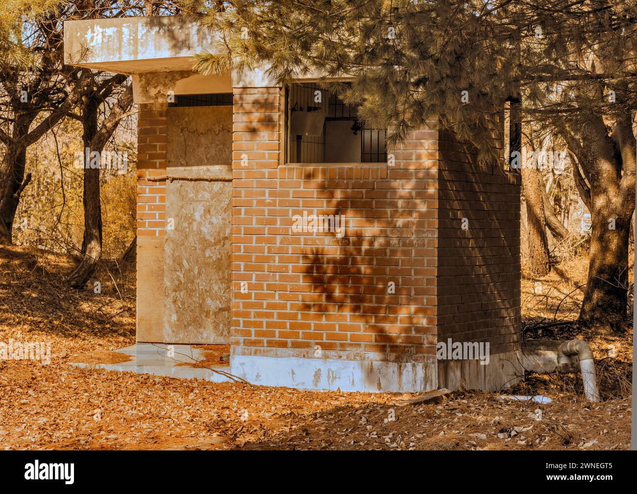 Old dilapidated red brick public toilet in woodland park on sunny day ...
