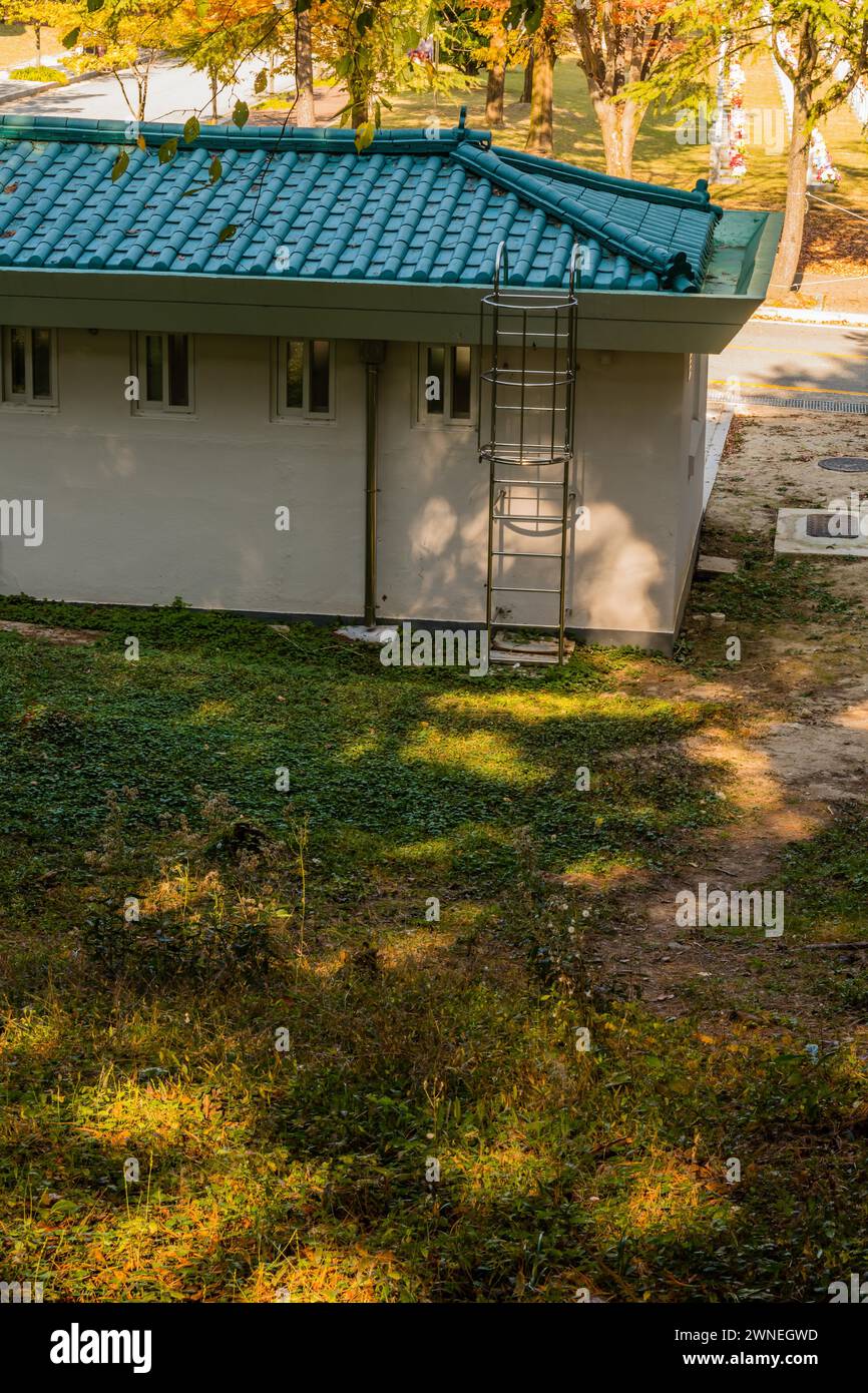 Chrome ladder on back of public restroom building with blue ceramic ...