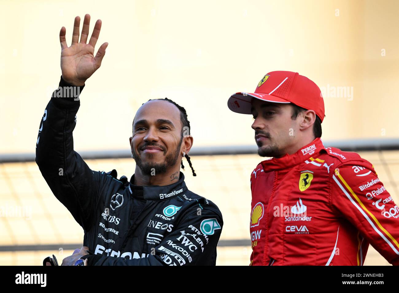 Sakhir, Bahrain. 02nd Mar, 2024. (L to R): Lewis Hamilton (GBR ...