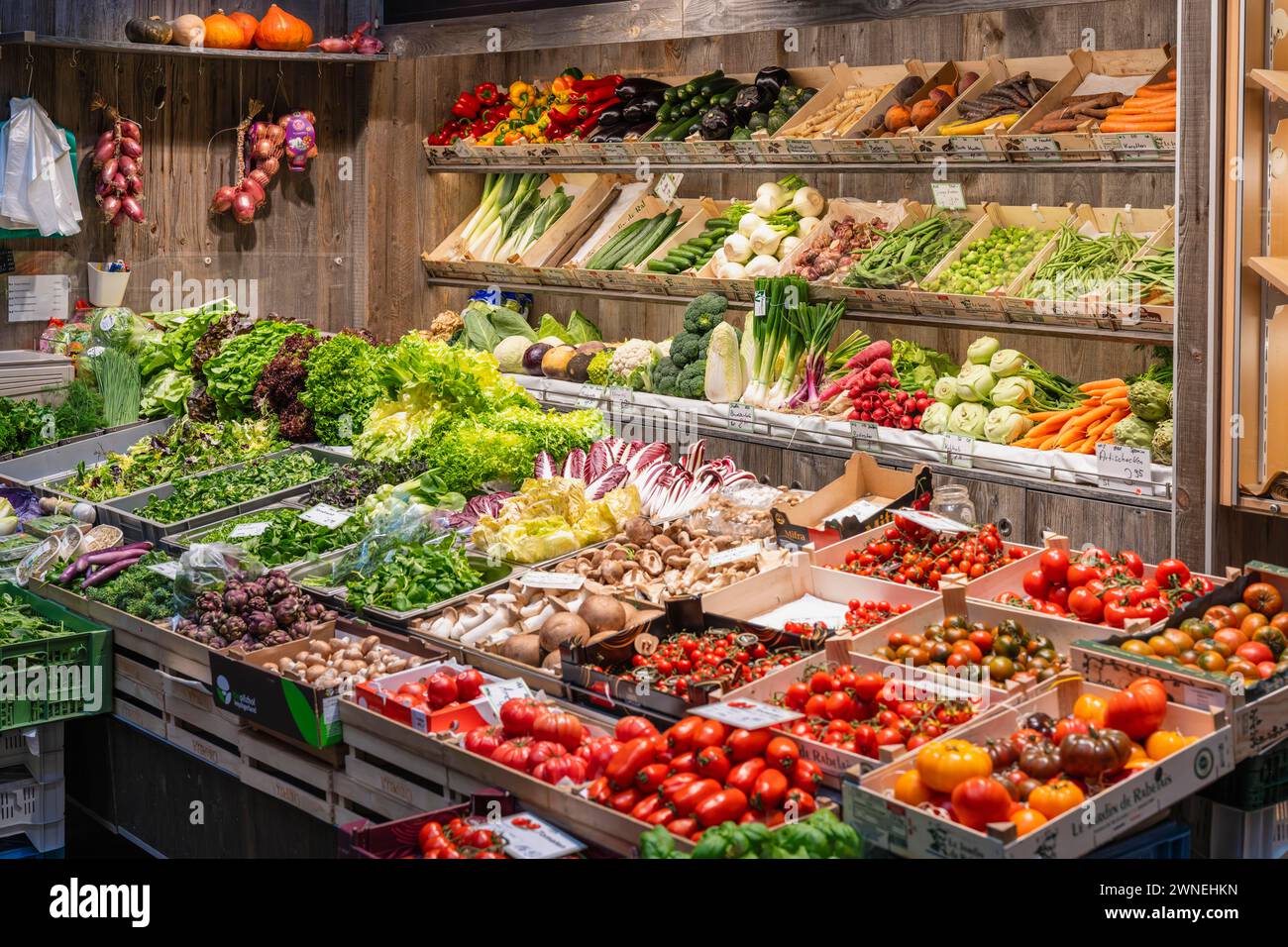 Market stall with different types of vegetables in the Markthalle ...