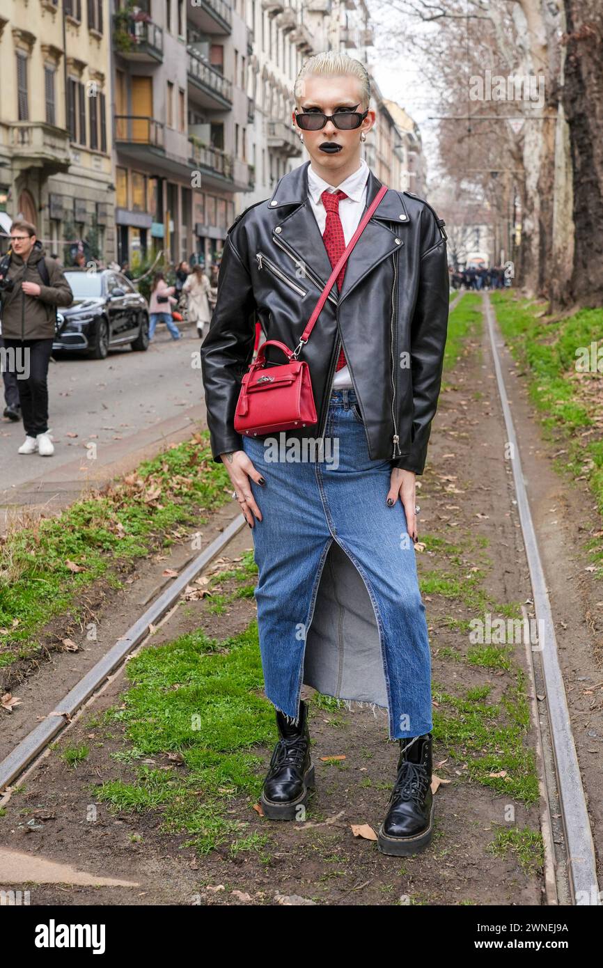 Milan, Italy. 24th Feb, 2024. Street Style: A model is seen outside the ...