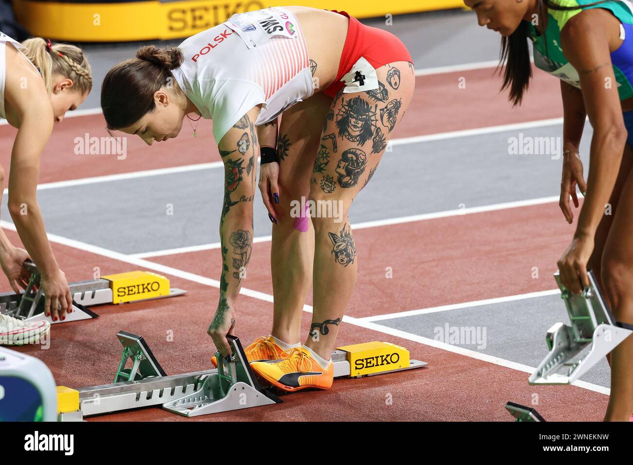 Ewa Swoboda (POL, 60 Metres) with her Kiss tattoo during the 2024 World ...