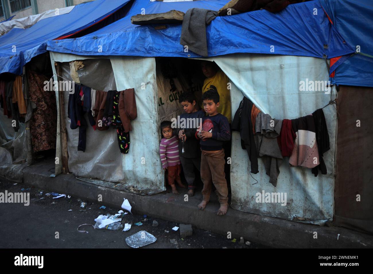 Rafah, Gaza. 29th Feb, 2024. Displaced Palestinian children stand ...